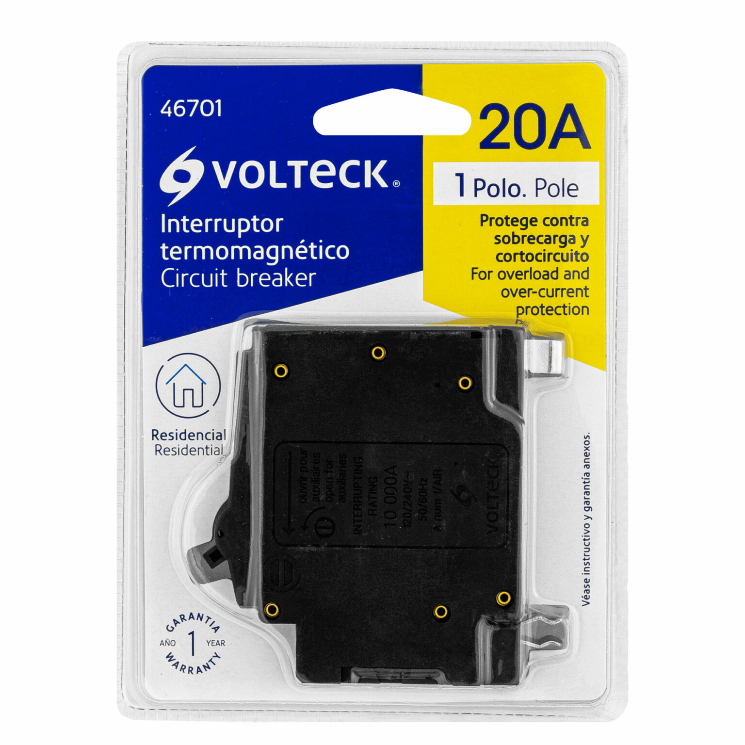 Interruptor termomagnetico 1 polo 20A Pastilla Volteck - Rantec Electronics