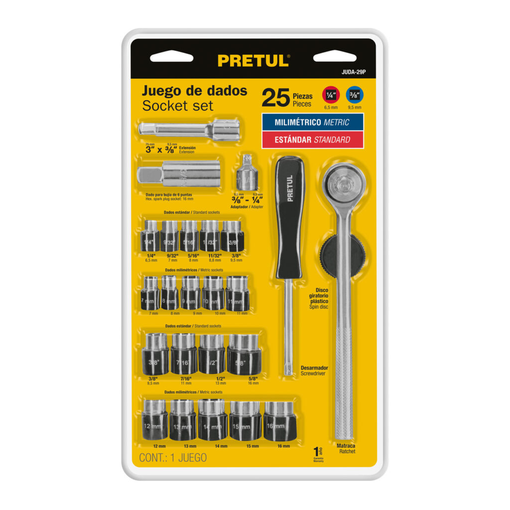 Matraca con juego de dados cuadro 1/4 y 3/8" 25 piezas Pretul - Rantec Electronics