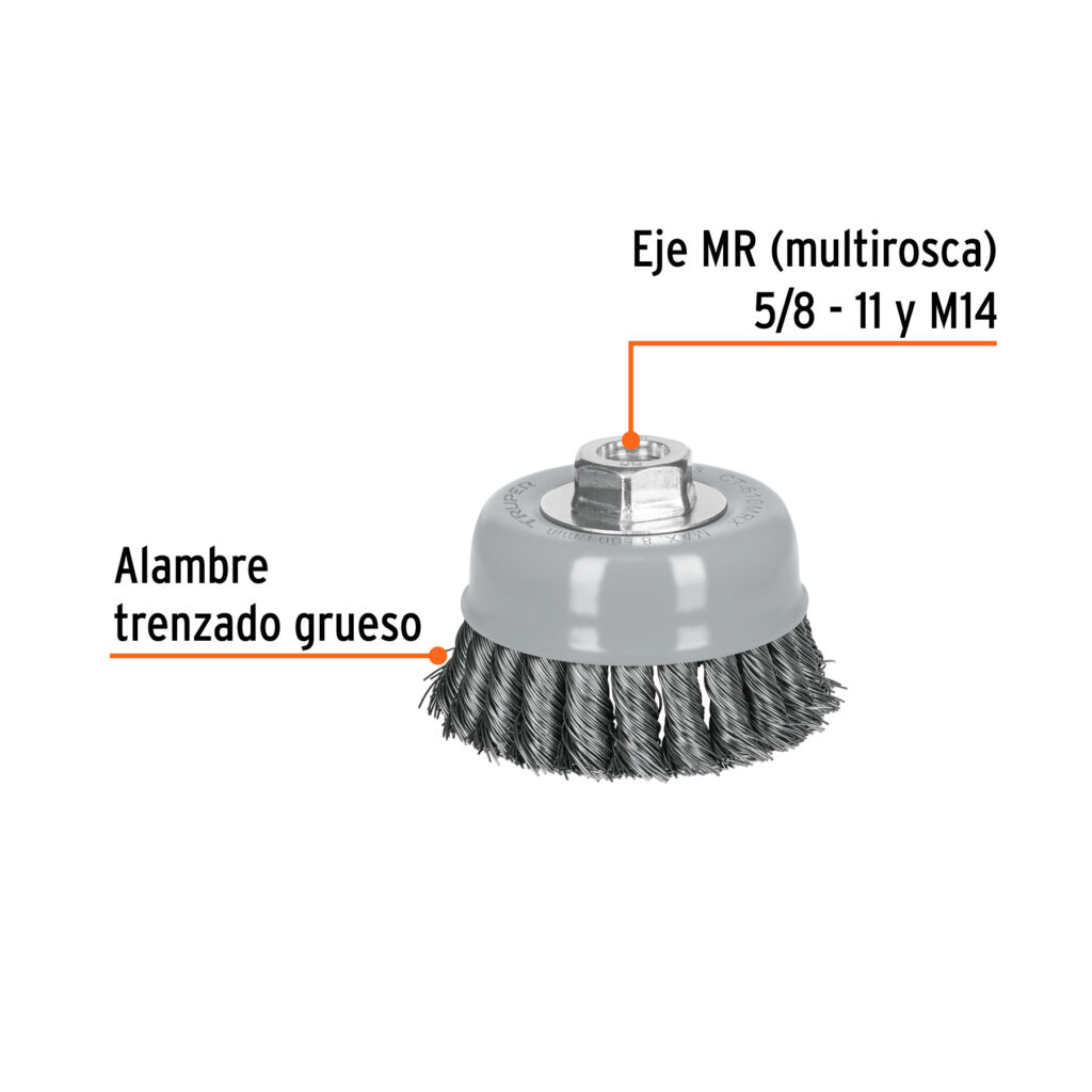 Carda Copa Alambre trenzado grueso 4" Eje 5/8 - 11 y M14 - Rantec Electronics